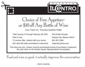 Free Appetizer or $10 Off Bottle of Wine Coupon | Osteria Il Centro